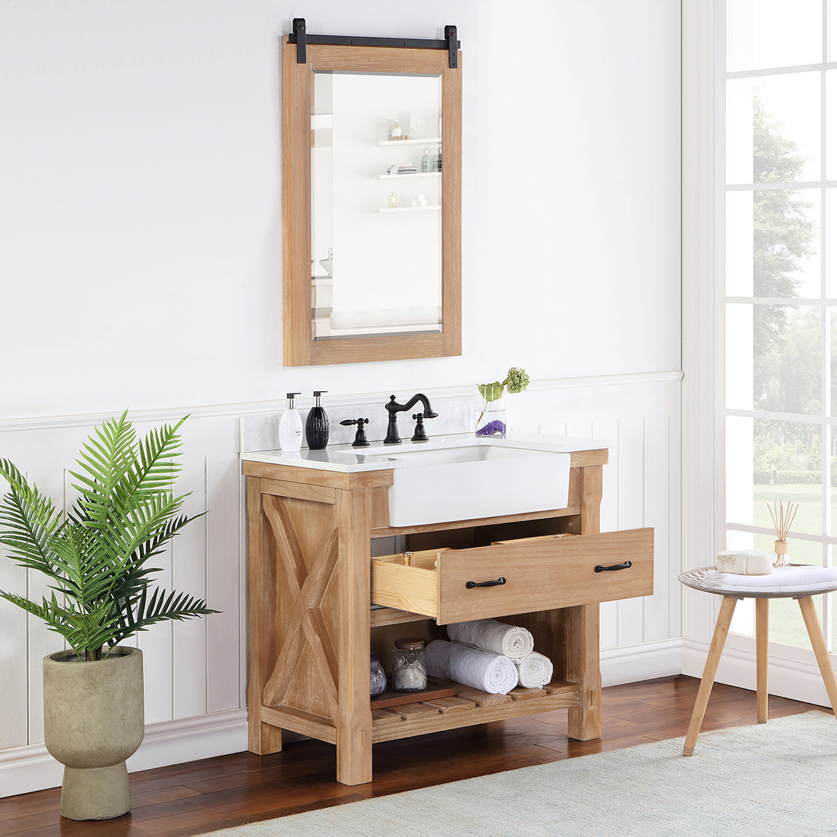 Villareal 36" Single Vanity in Weathered Pine with Composite Stone Top ...