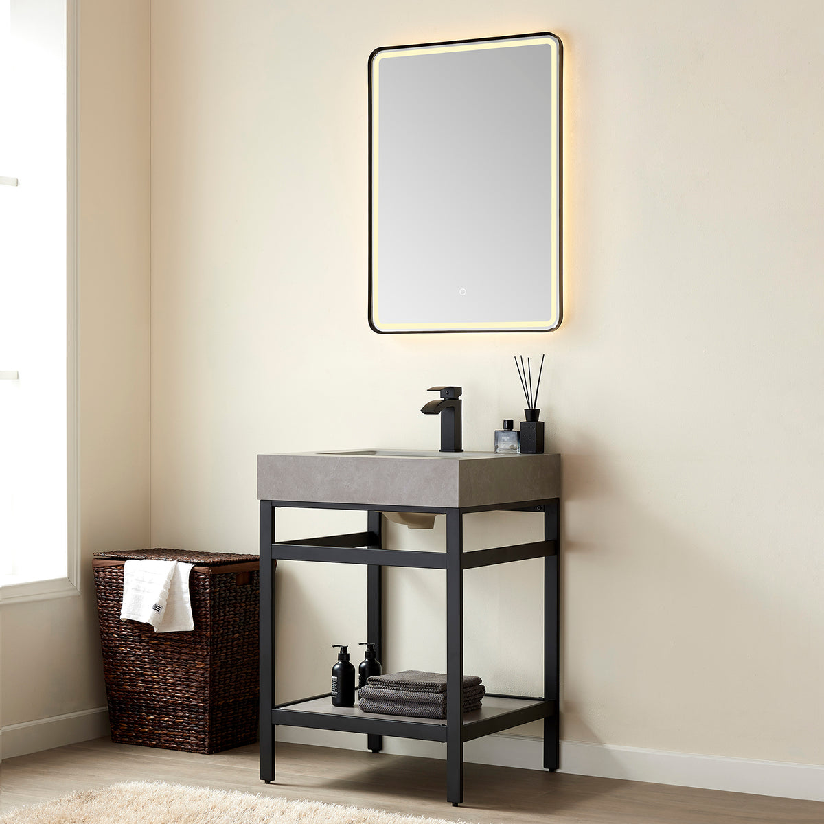 Funes 24" Single Sink Bath Vanity in Matte Black Metal Support with Gr ...