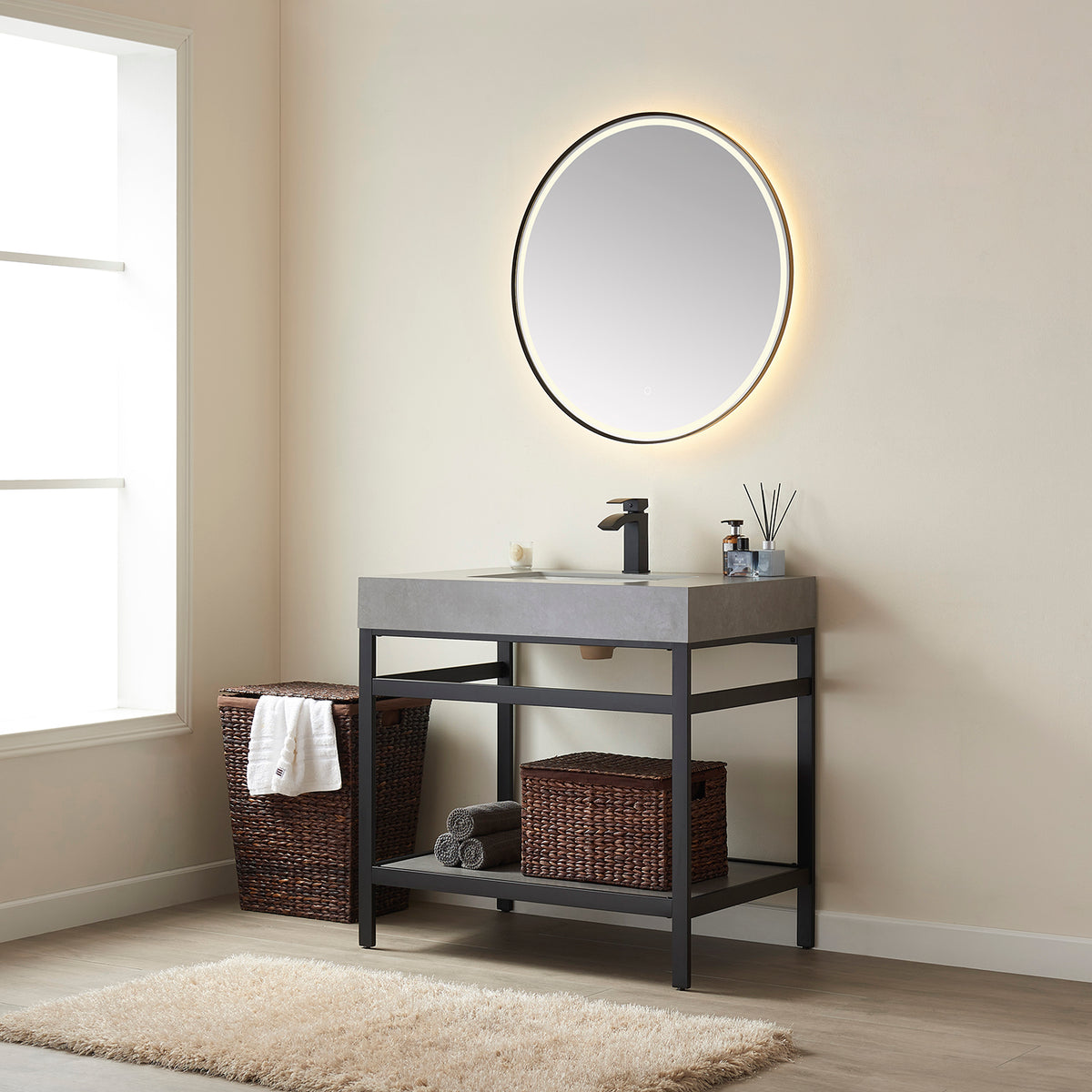 Funes 36" Single Sink Bath Vanity in Matte Black Metal Support with Gr ...