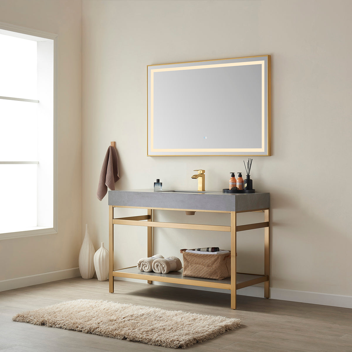 Funes 48" Single Sink Bath Vanity in Brushed Gold Metal Support with G ...