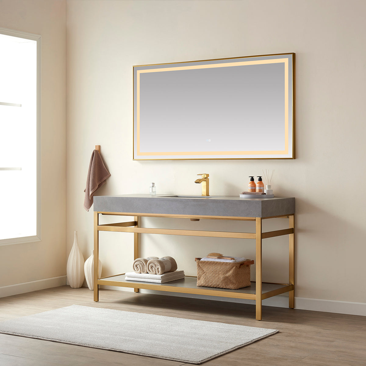 Funes 60" Single Sink Bath Vanity in Brushed Gold Metal Support with G ...