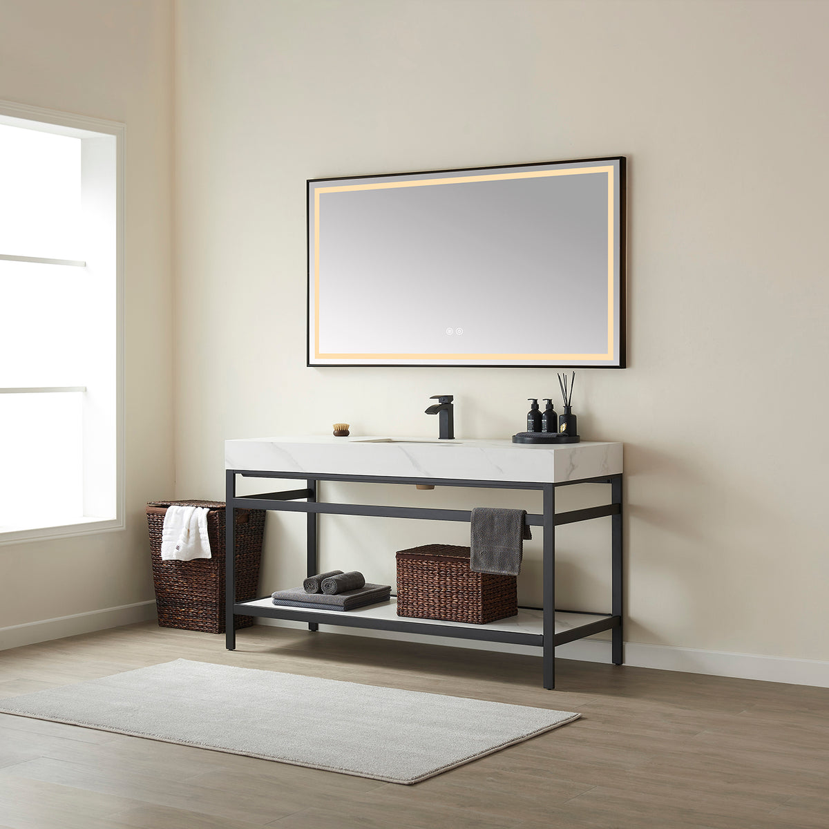 Funes 60" Single Sink Bath Vanity in Matte Black Metal Support with Wh ...