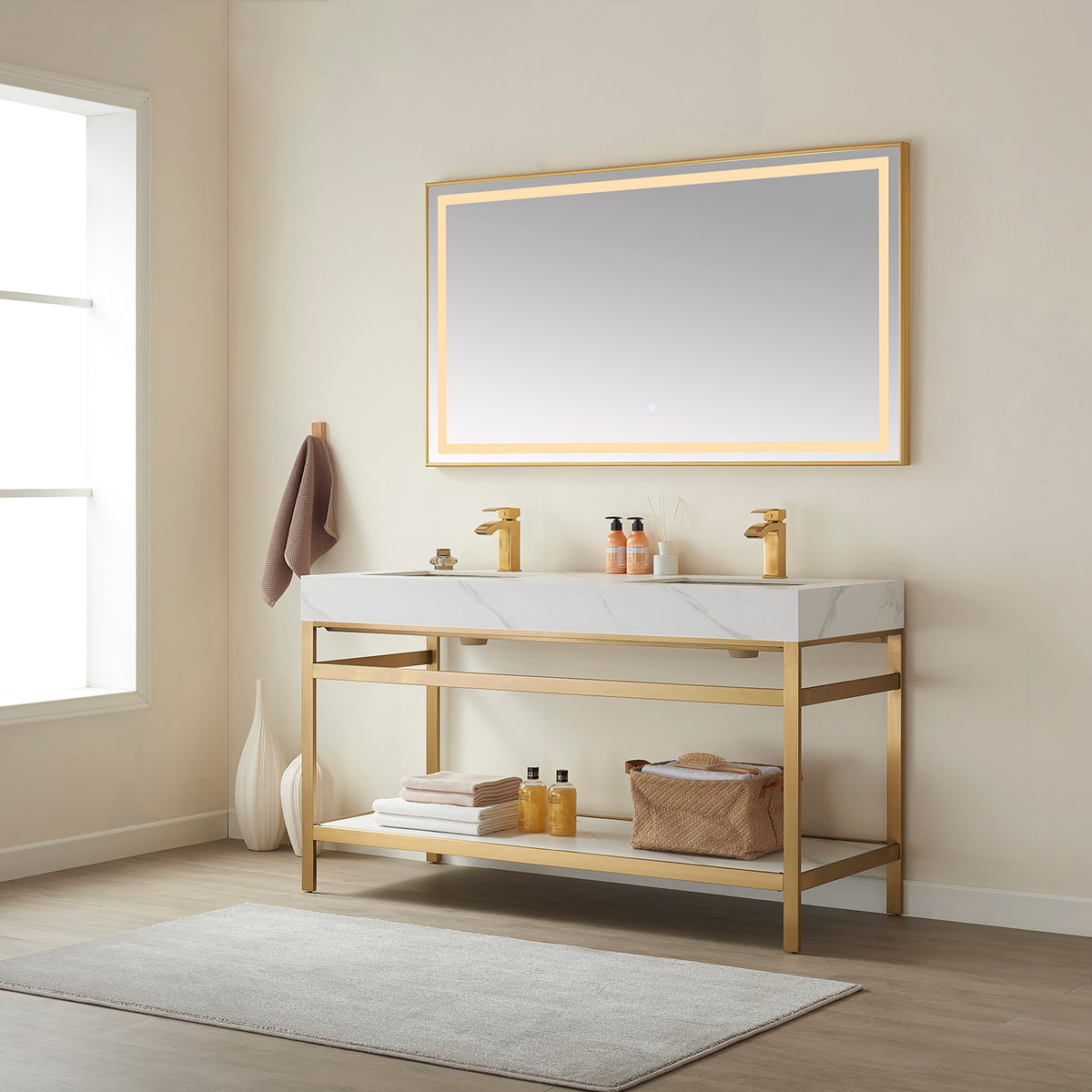 Funes 60M" Double Sink Bath Vanity in Brushed Gold Metal Support with ...