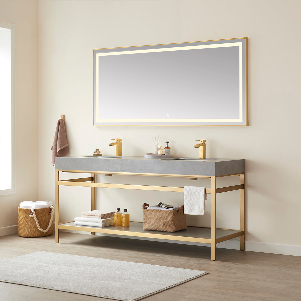 Funes 72" Double Sink Bath Vanity in Brushed Gold Metal Support with G ...