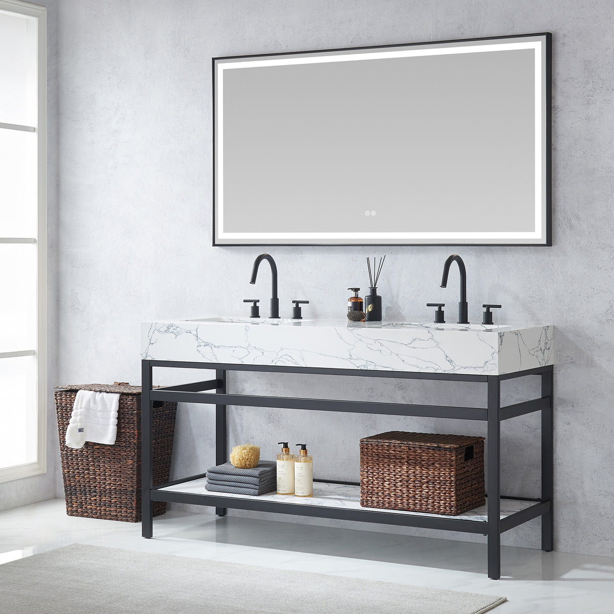 Ecija 60M" Free-standing Double Bath Vanity in Matte Black Metal Suppo ...