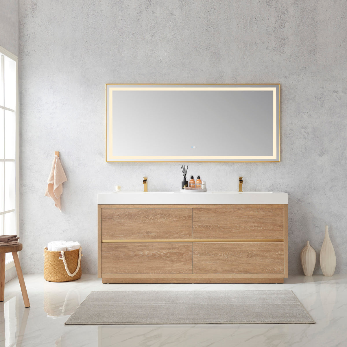 Huesca 72" Double Sink Bath Vanity in North American Oak with White Co ...