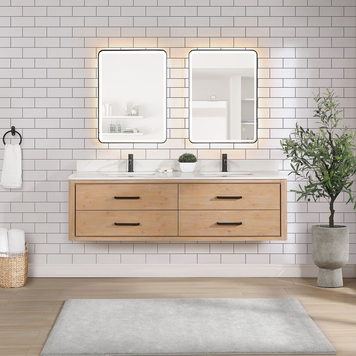 Cristo 72" Floating Double Bath Vanity in Fir Wood Brown with Fish Maw ...